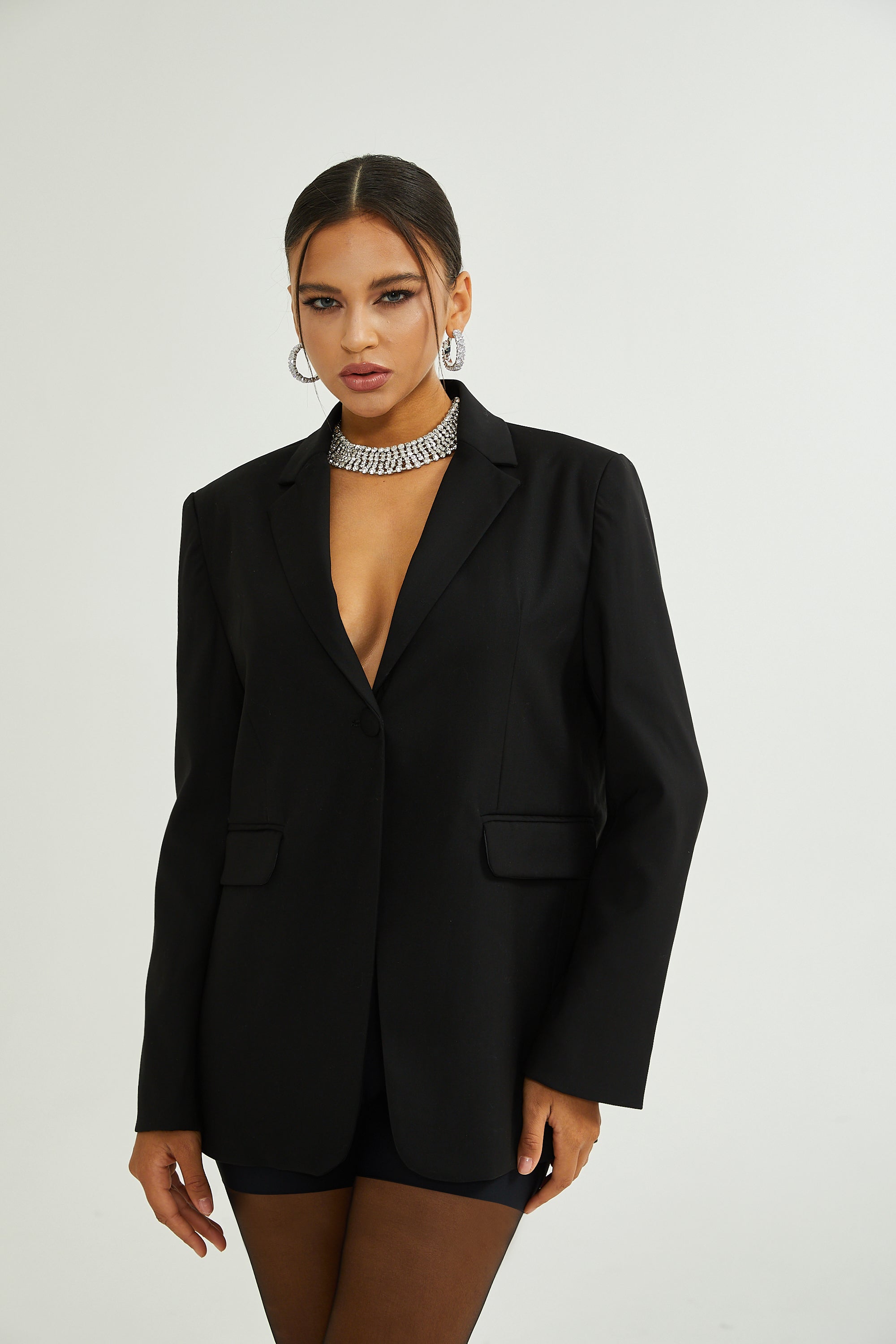 Renée Siyah Bol Kesim Tek Düğmeli Yün Blazer – Riosso